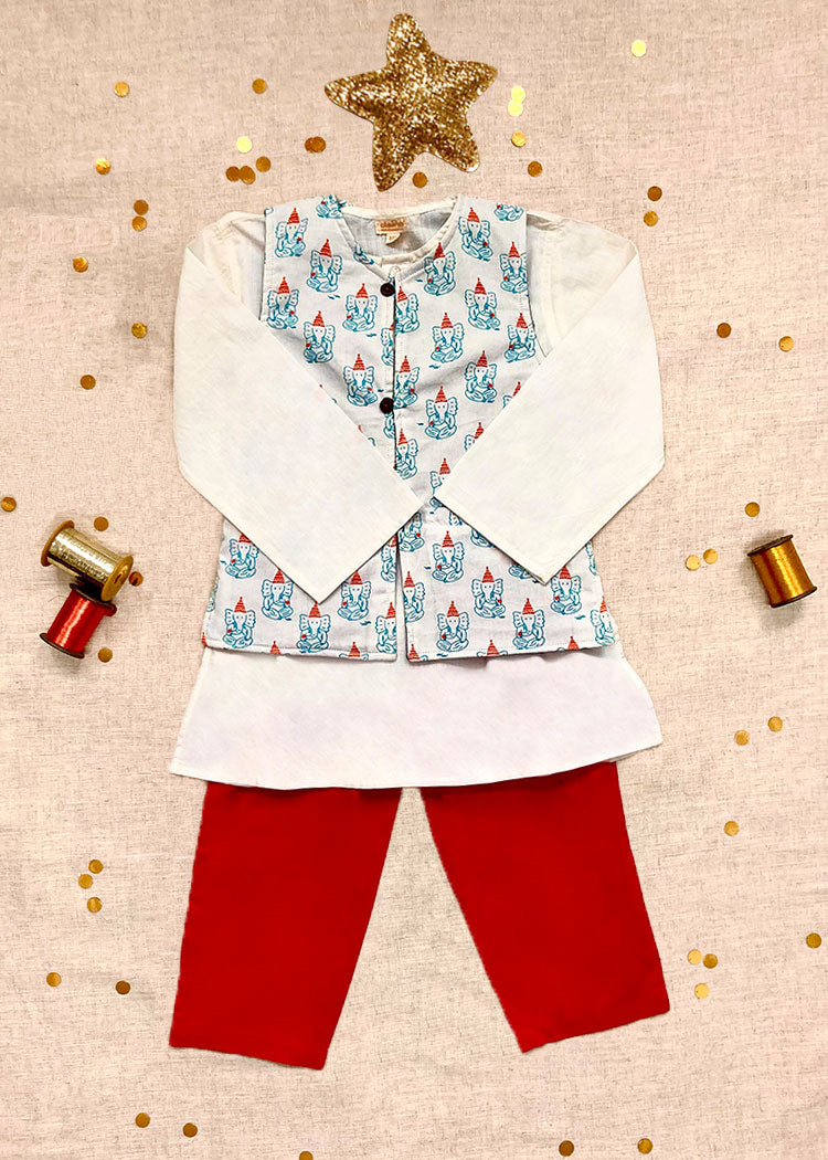 Boys Festive Kurta Bandi Set Ganesh White – The Almirah Store
